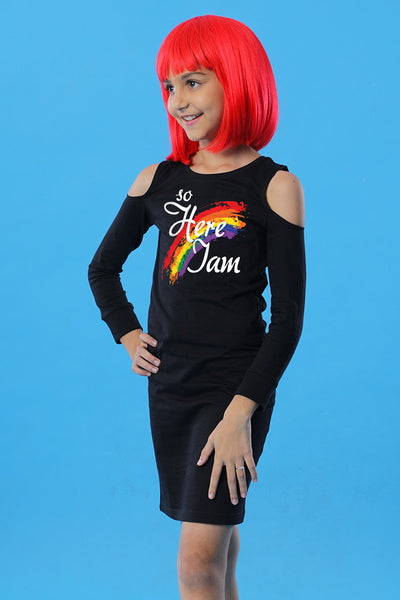 Rainbow Matching Cold Shoulder Dresses For Daughter