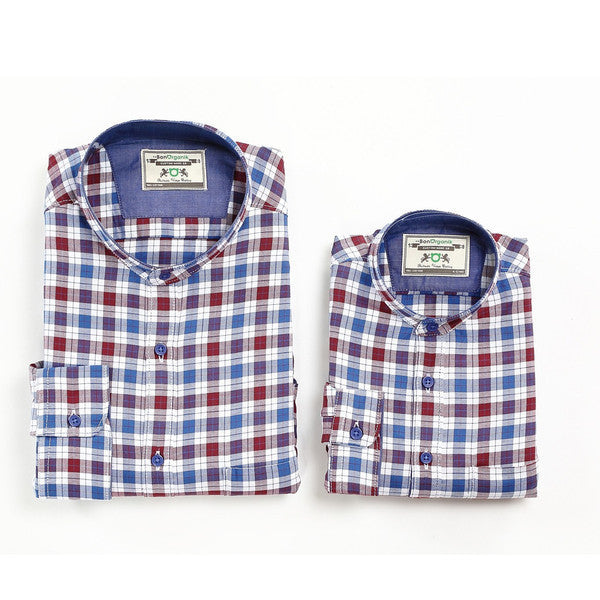 Mandarin Collar Red/Blue Checks Full Sleeve Shirt
