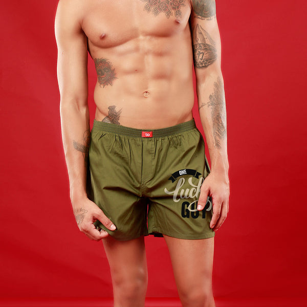 One Lucky Guy / Girl, Matching Olive Green Couple Boxers